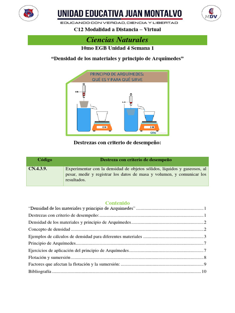 Guía CCNN - 10mo EGB - U4 - S1 | PDF | Flotabilidad | Densidad