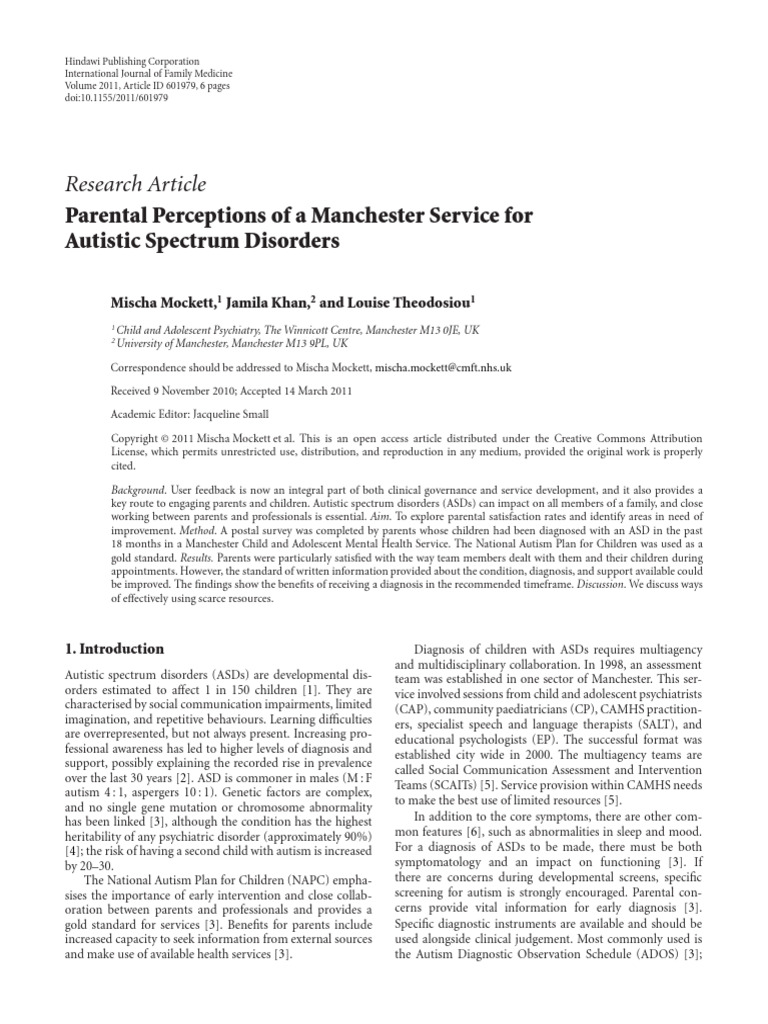 Research Article: Parental Perceptions of A Manchester Service For Autistic Spectrum Disorders ...