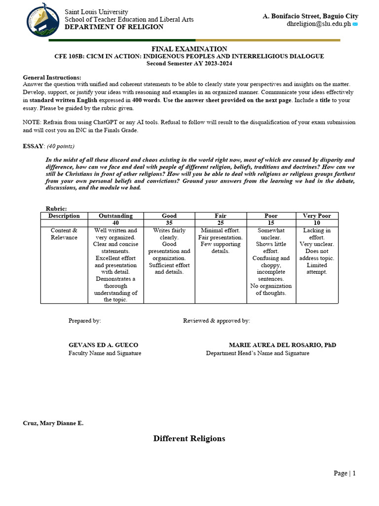 CFE 105B - Final Exam - 2ndsem - AY 23-24 | PDF | Rituals | Faith