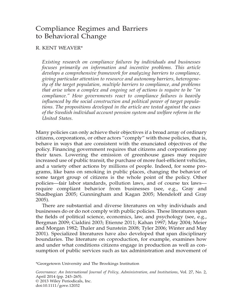 0012q#KentWeaver Compliance Regimes and Barriers To Behavioral Change | PDF | Temporary ...