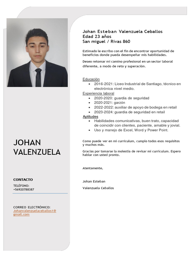 Currículum de Johan Valenzuela Ceballos | PDF