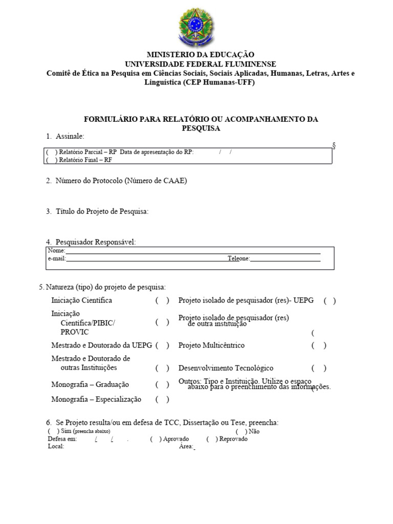 Formulario para Relatorio de Pesquisa CEP HUMANAS UFF | PDF