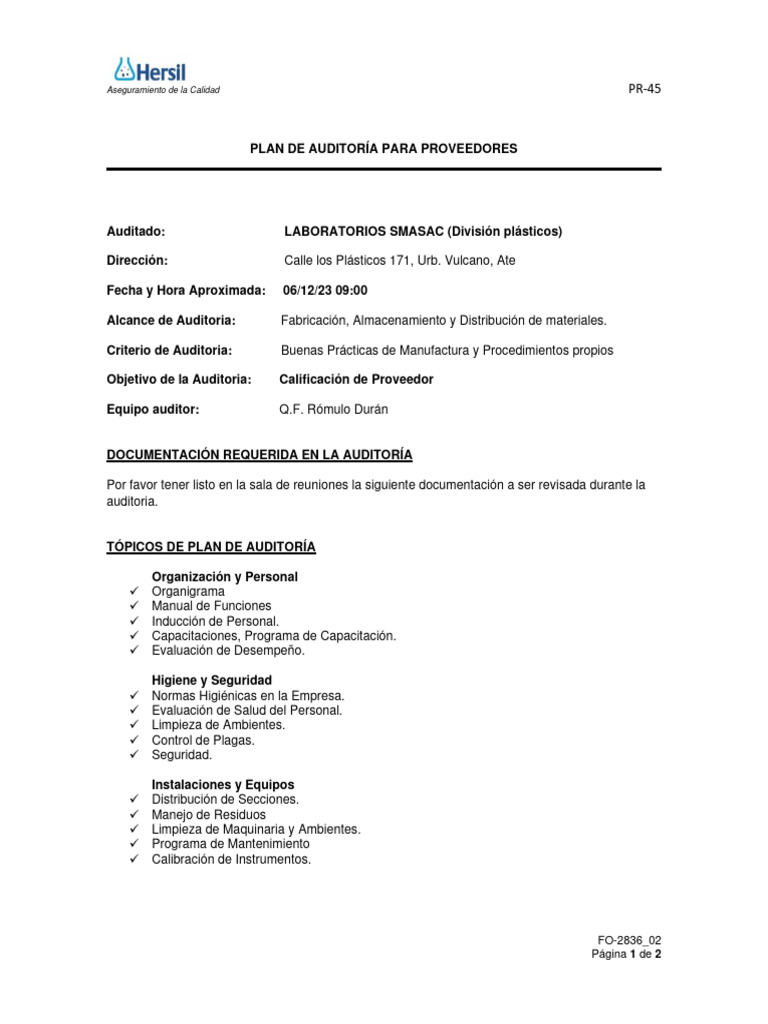 Fo-2836 - 02 Plan de Auditoría para Proveedores - Laboratorios Smasac ... Fo-2836 - 02 Plan de Auditoría para Proveedores - Laboratorios Smasac ...