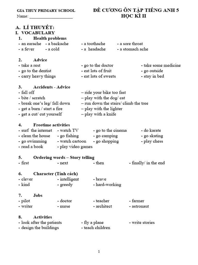 De Cuong On Tap Ta5 hk2 - 12052022 | PDF | Meal | Lunch