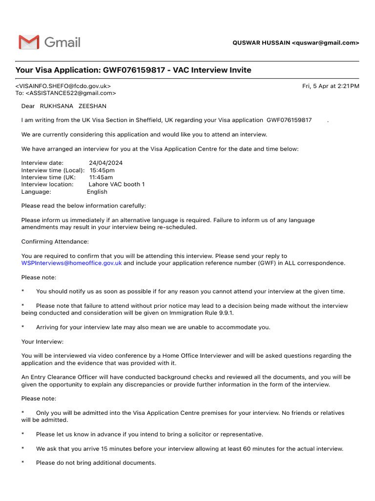 UK Visa Interview Invitation Details | PDF | Travel Visa