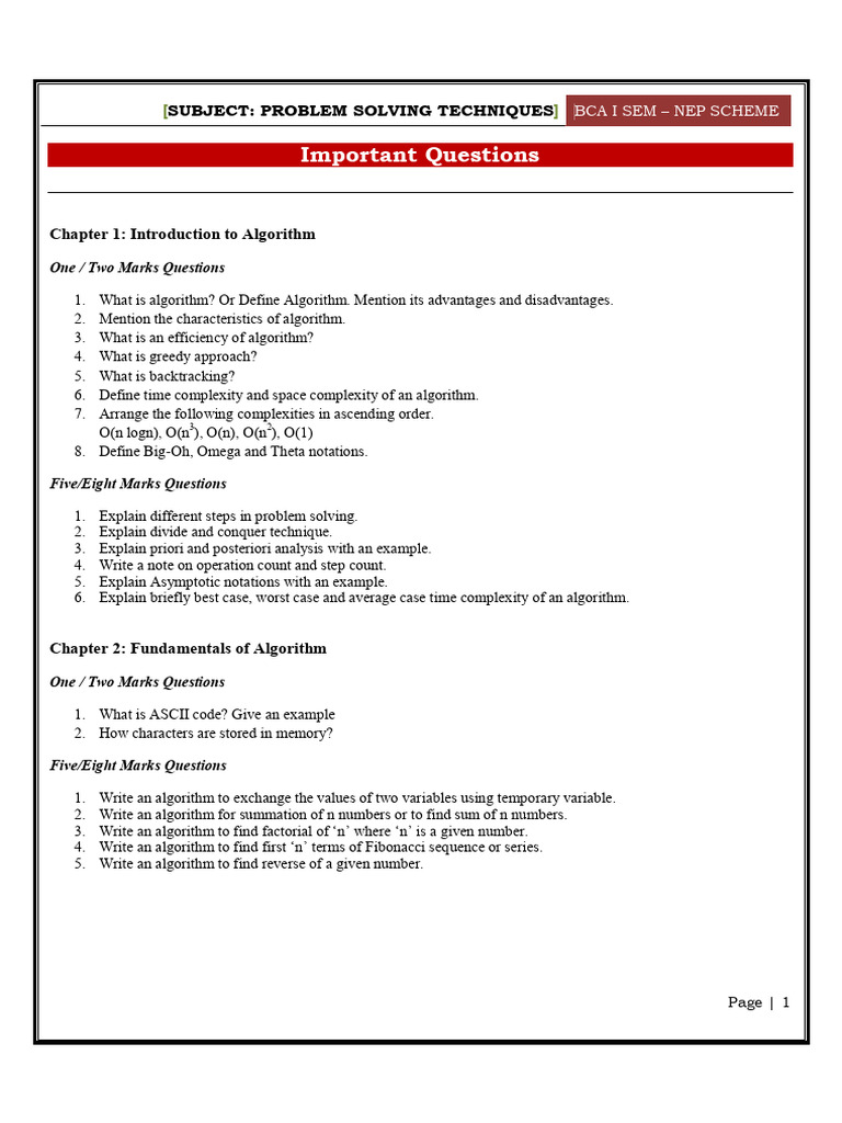 Problem Sloving Technics Chapterwise Important Questions | PDF | Pointer (Computer Programming ...