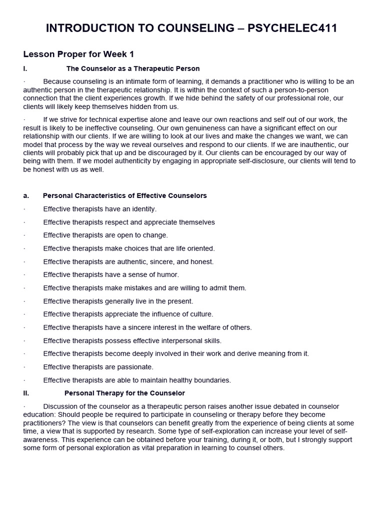 W1 W17 - Introduction To Counseling | PDF | Psychotherapy | Id