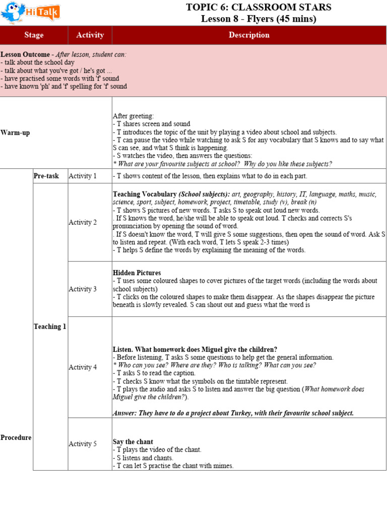Lesson Plan - Flyers - Pu 3 - Topic 6. Classroom Stars | PDF | Reading ...