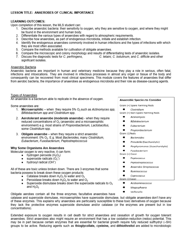 ANAEROBES OF CLINICAL IMPORTANCE | PDF | Infection | Microbiology ANAEROBES OF CLINICAL IMPORTANCE | PDF | Infection | Microbiology