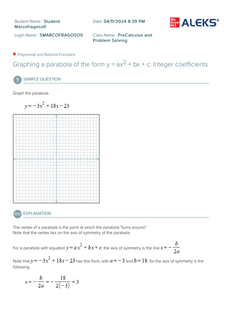 4 - Polynomial and Rational Functions - Graphing A Parabola of The Form y Ax2+bx+c - Integer ...