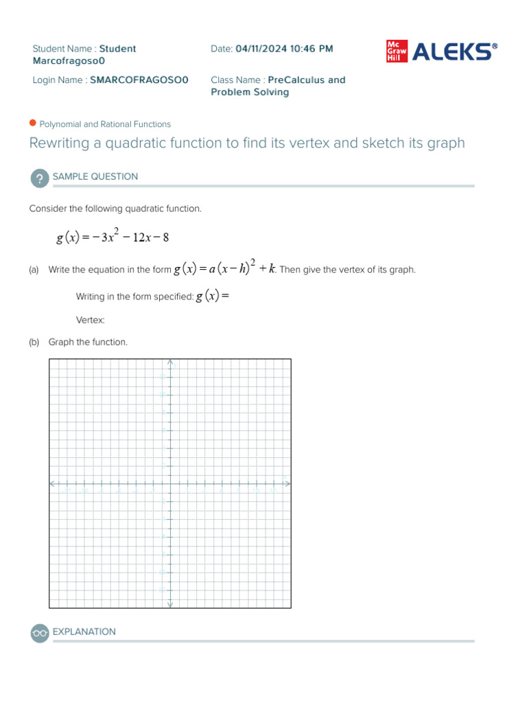 6 - Polynomial and Rational Functions - Rewriting A Quadratic Function To Find Its Vertex and ...