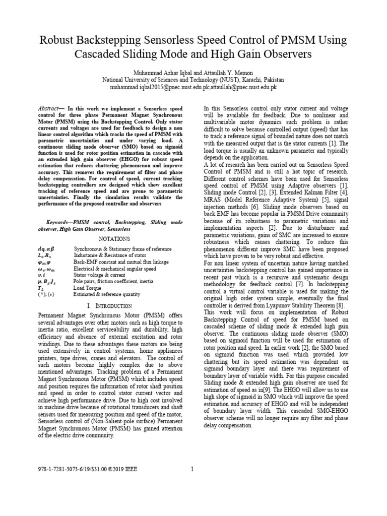 Robust Backstepping Sensorless Speed Control of PMSM Using | PDF | Electric Motor | Control Theory