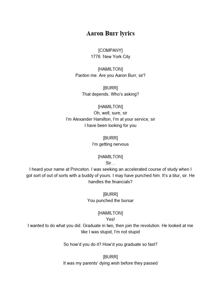 Aaron Burr Lyrics | Download Free PDF | Hamilton (Musical)