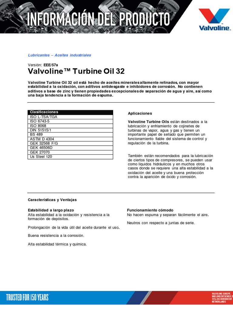 Valvoline_Turbine_ISO32_LO_HD_ES | PDF | Lubricante | Agua