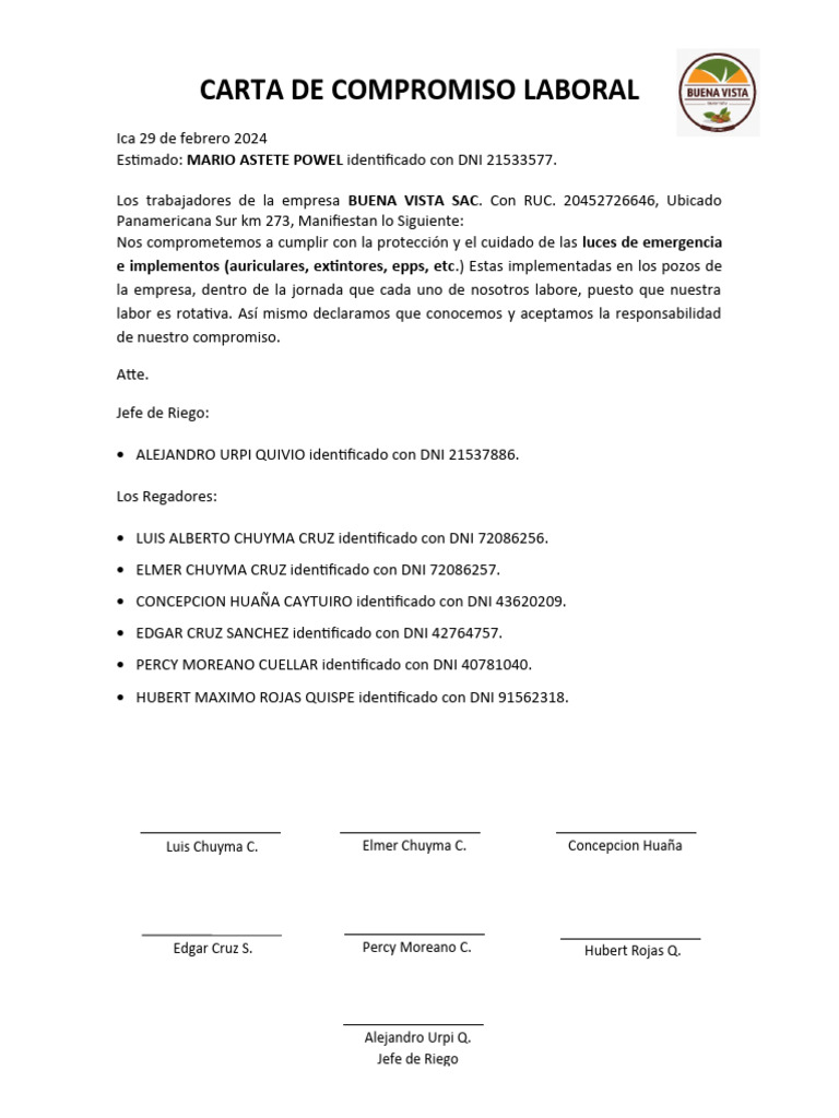 Carta de Compromiso Laboral | PDF