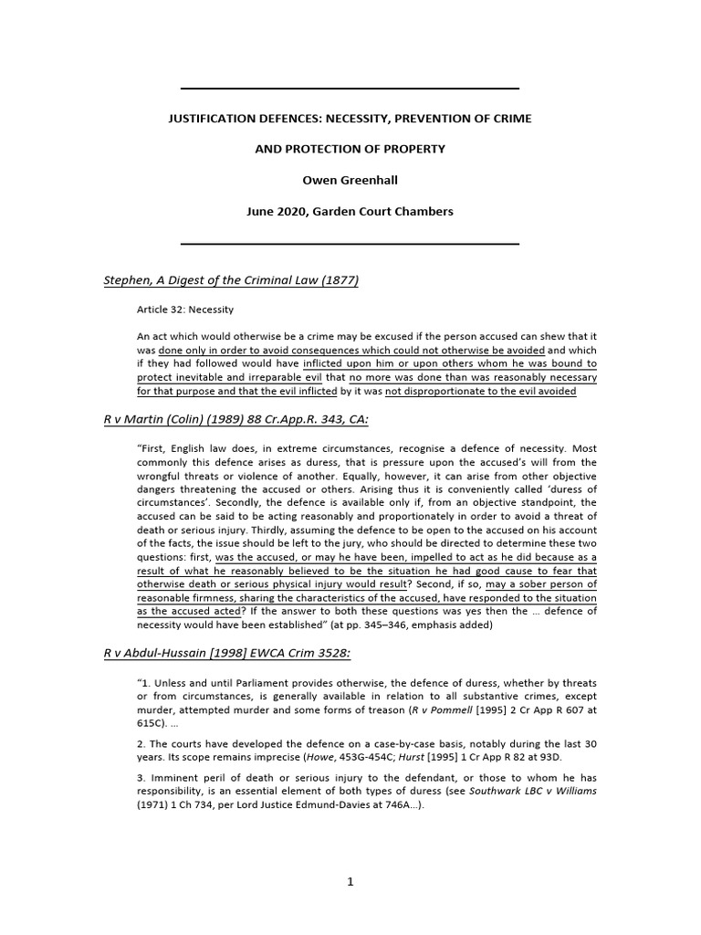 Protest Webinar 30 June Justification Defence Handout | PDF | Crimes ...