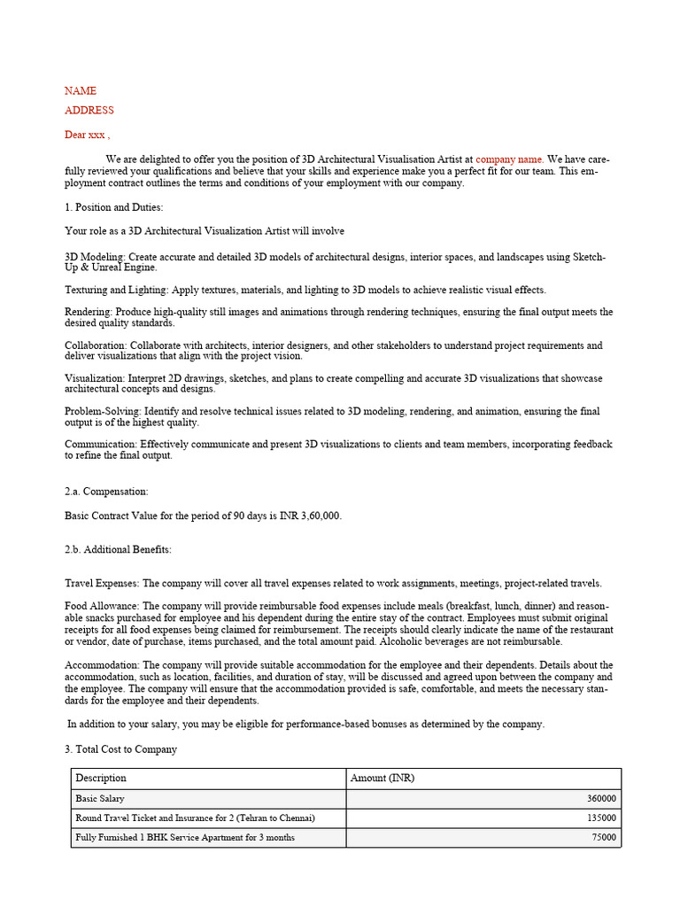 3d Artist Foreigner Employment Contract Draft | PDF | 3 D Computer ...