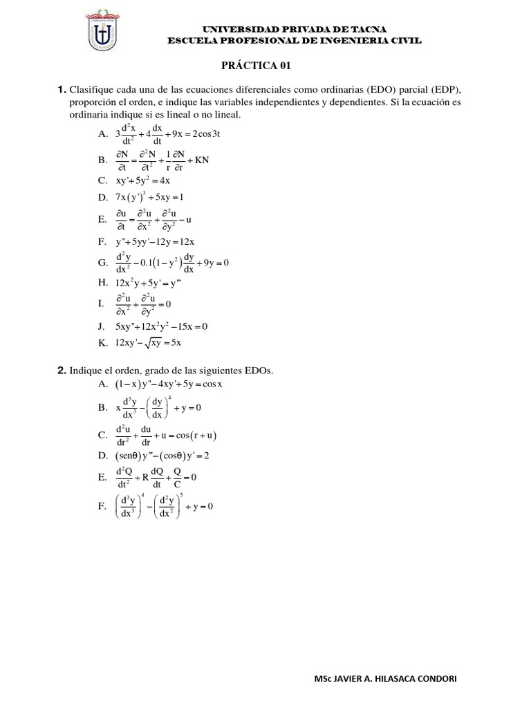 P01-UNIDAD I-MAT IV | PDF | Ecuaciones | Ecuación diferencial ordinaria