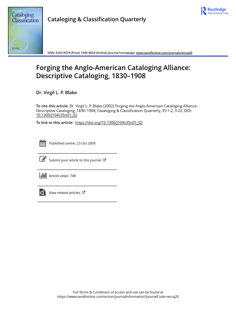 Forging The Anglo-American Cataloging Alliance - Descriptive Cataloging ...