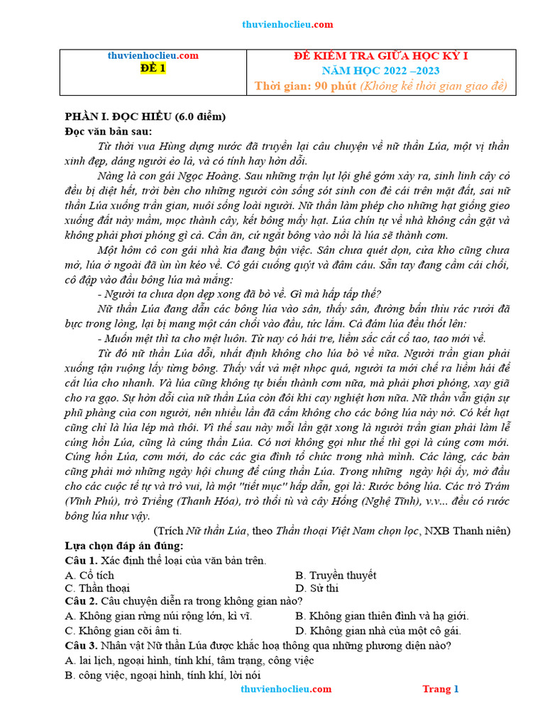 20 de Kiem Tra Giua HK1 Ngu Van 10 Ba Bo Sach Co Dap An | PDF