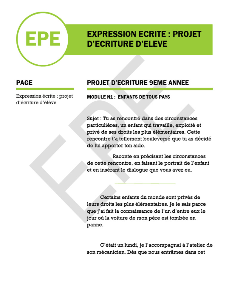 Projet D'ecriture 4 Module 1 9eme Annee | PDF