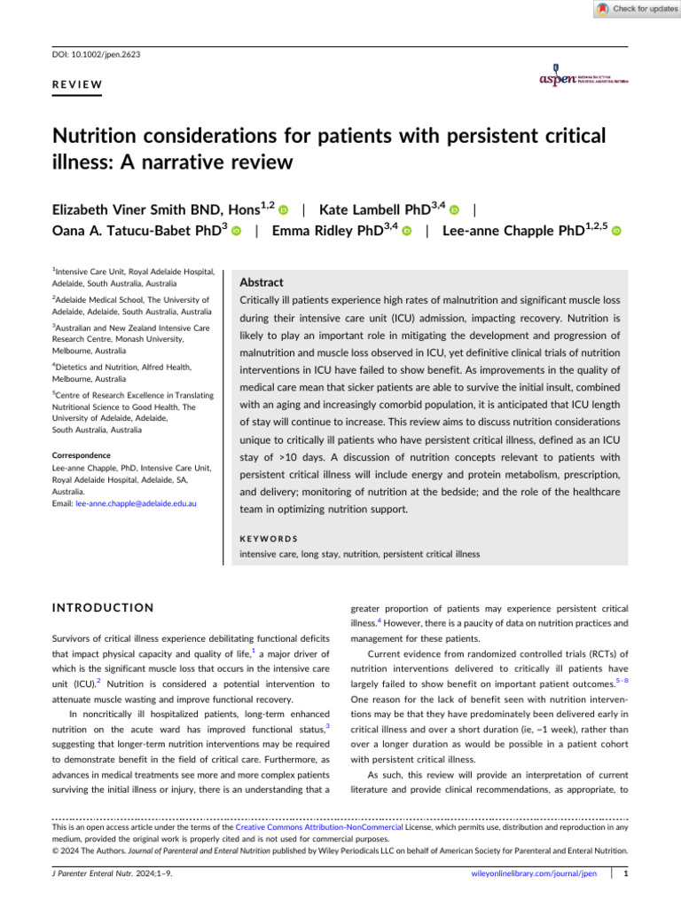 Persistent Critical Illness & Nutrition Considerations - JPEN 2024 (Viner) | Download Free PDF ...