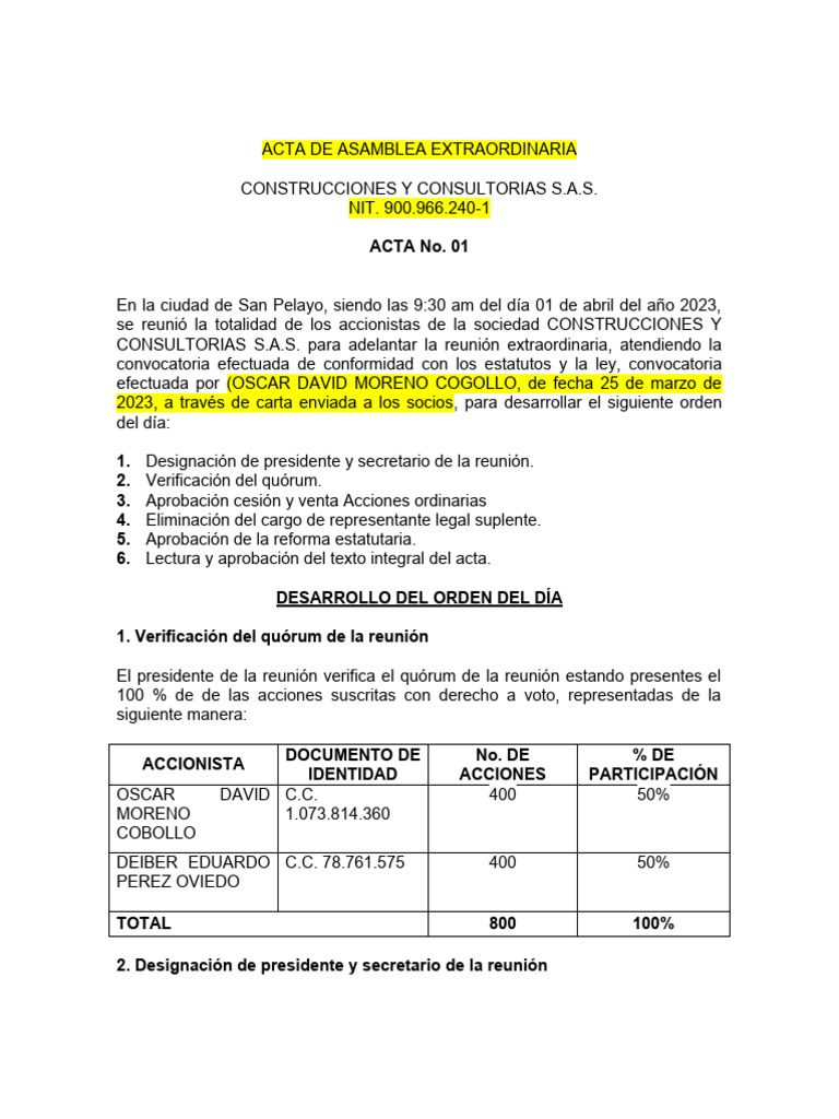 Modelo Acta Venta Acciones S.A.S. | PDF | Compartir (Finanzas) | Gobierno
