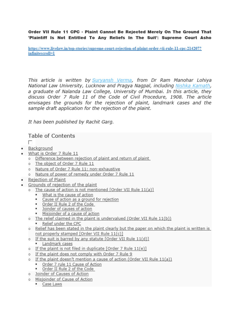 ORDER VII Rule 11 of CPC | PDF | Lawsuit | Cause Of Action