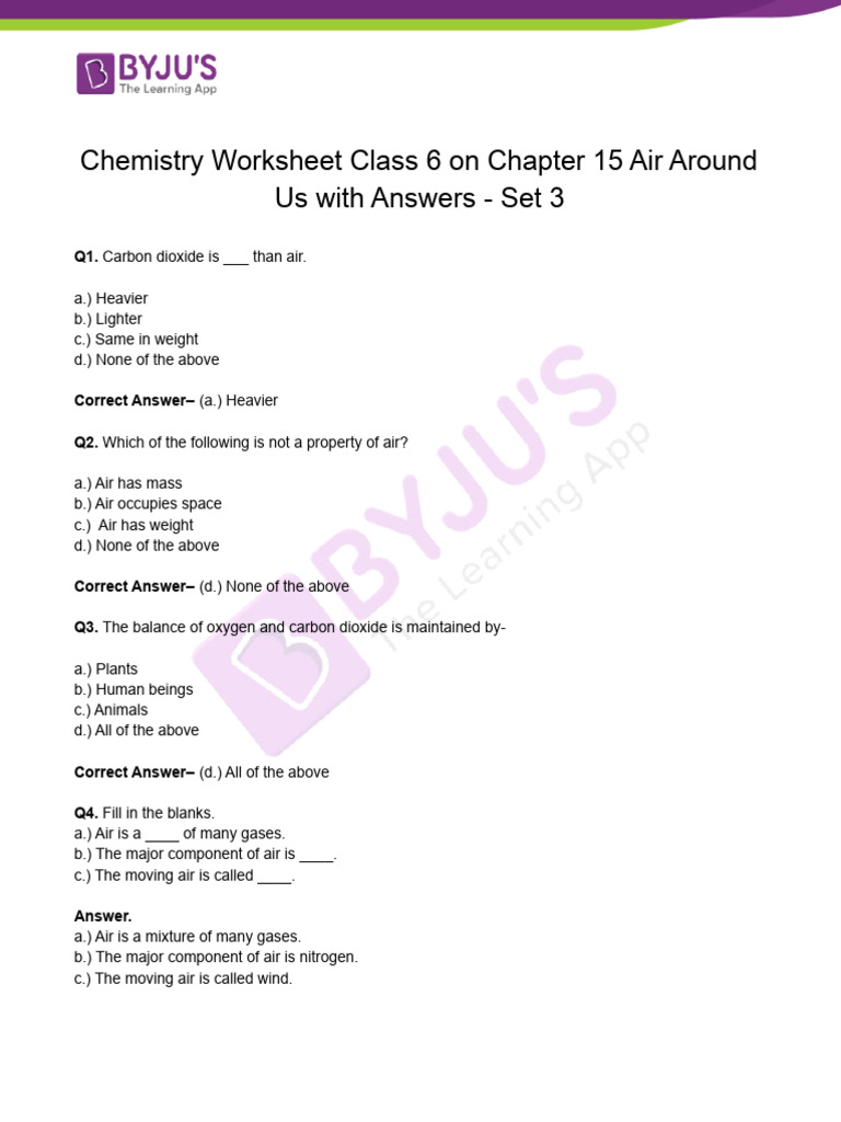Chemistry Worksheet Class 6 Chapter 15 Air Around Us With Answers Set 3 | PDF | Atmosphere Of ...