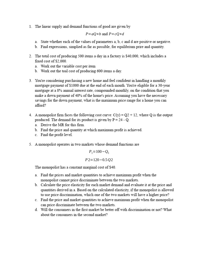 Practice Problems 1-4 | PDF | Demand | Monopoly