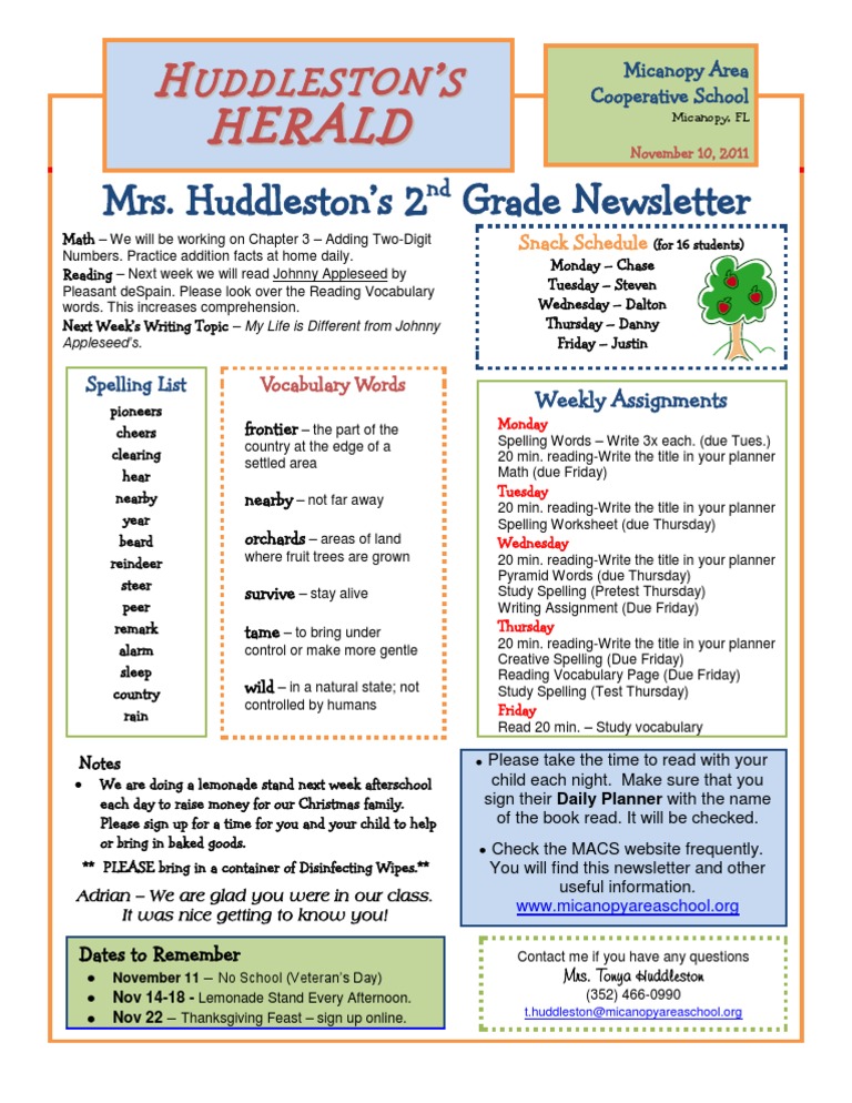 2nd Grade Newsletter - Nov 2011 | PDF | Language Arts & Discipline
