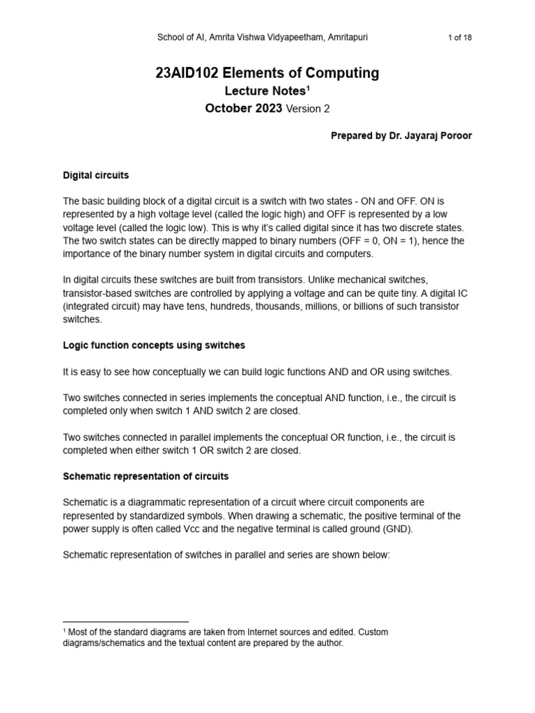 Elements Of Computing Lecture Notes V2 Pdf Logic Gate Field Effect Transistor
