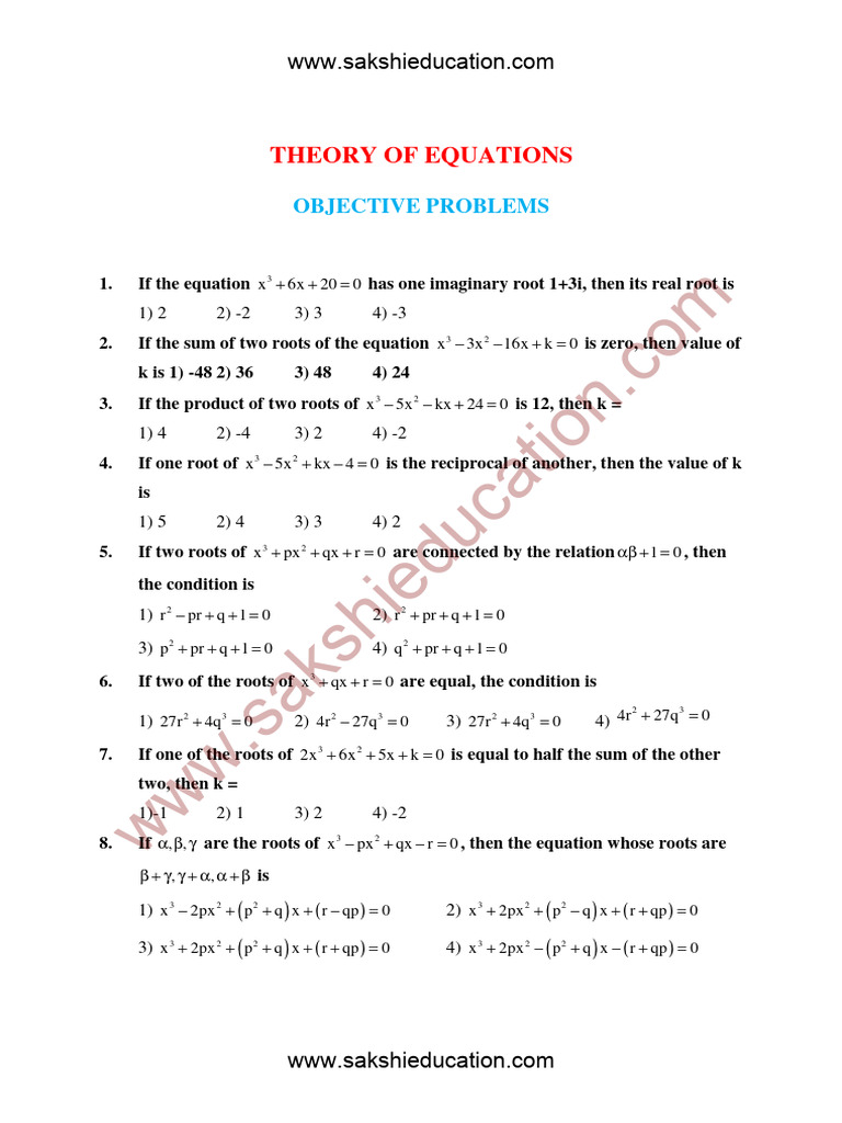Theory of Equations - Objective Questions | PDF | Mathematical Analysis | Equations