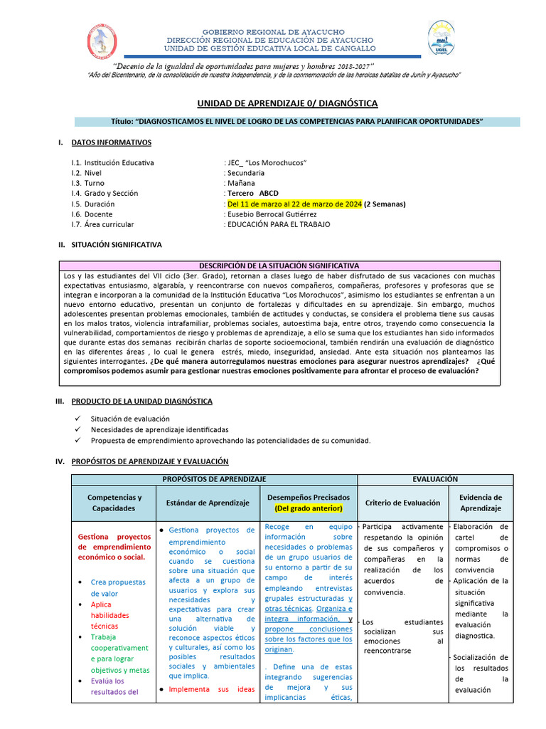 Unidad 0-Diagnóstica-2024 -3° EPT | PDF | Evaluación | Aprendizaje
