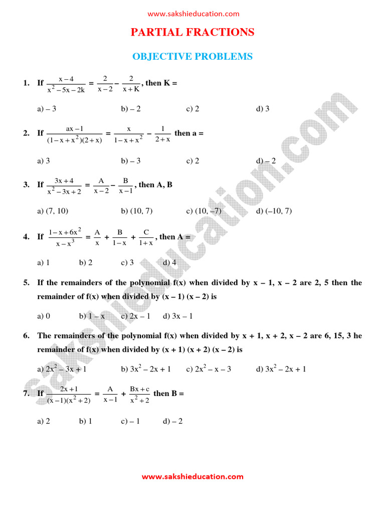 Partial Fractions- objective questions | PDF | Algebra | Abstract Algebra Partial Fractions- objective questions | PDF | Algebra | Abstract Algebra