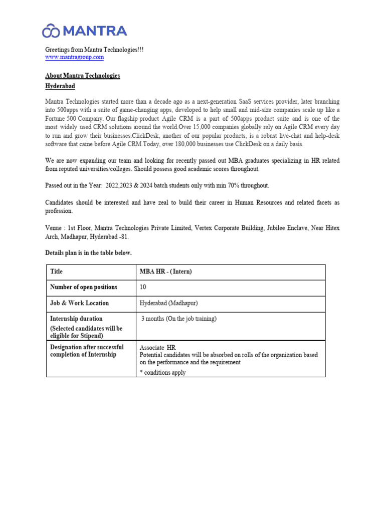 Mantra Technologies HR Intern Jan 2024 | PDF | Customer Relationship ...