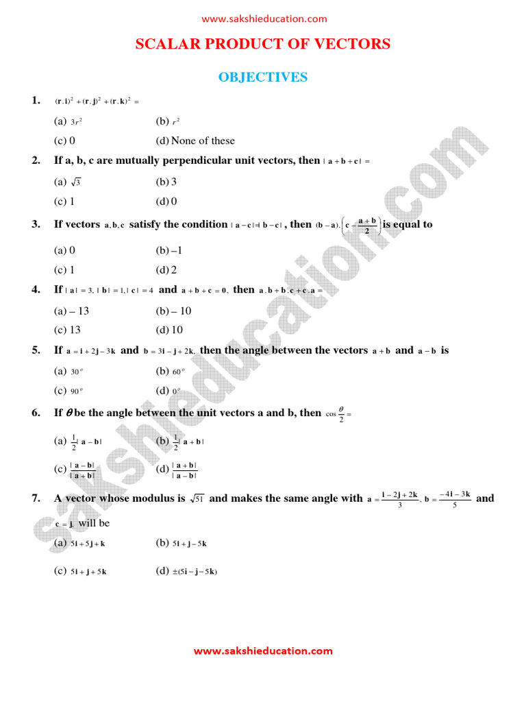 Scalar Product of Vectors - Objective Questions | PDF | Euclidean Vector | Angle