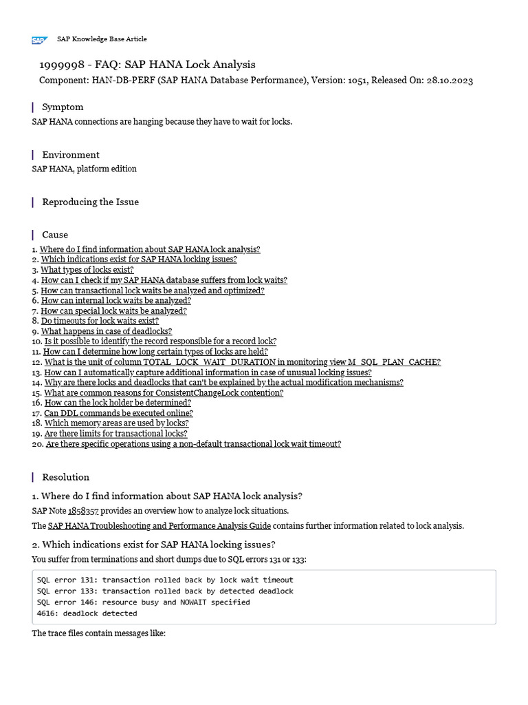 FAQ: SAP HANA Lock Analysis: Symptom | PDF | Database Transaction | Thread (Computing)