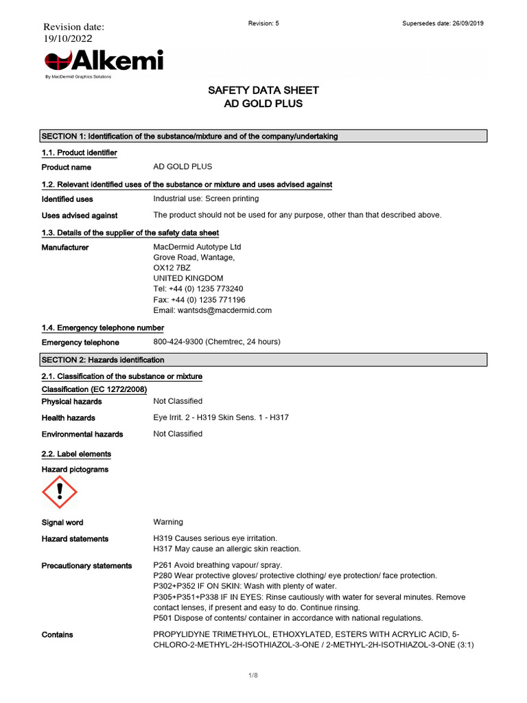 MSDS - XA31163 - AD GOLD PLUS - 2025 - ENG - LT | PDF | Safety | Occupational Safety And Health