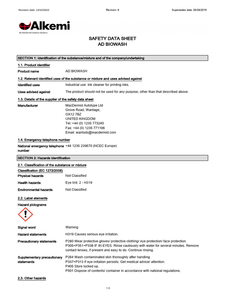 AD Biowash Safety Data Sheet | PDF | Dangerous Goods | Toxicity