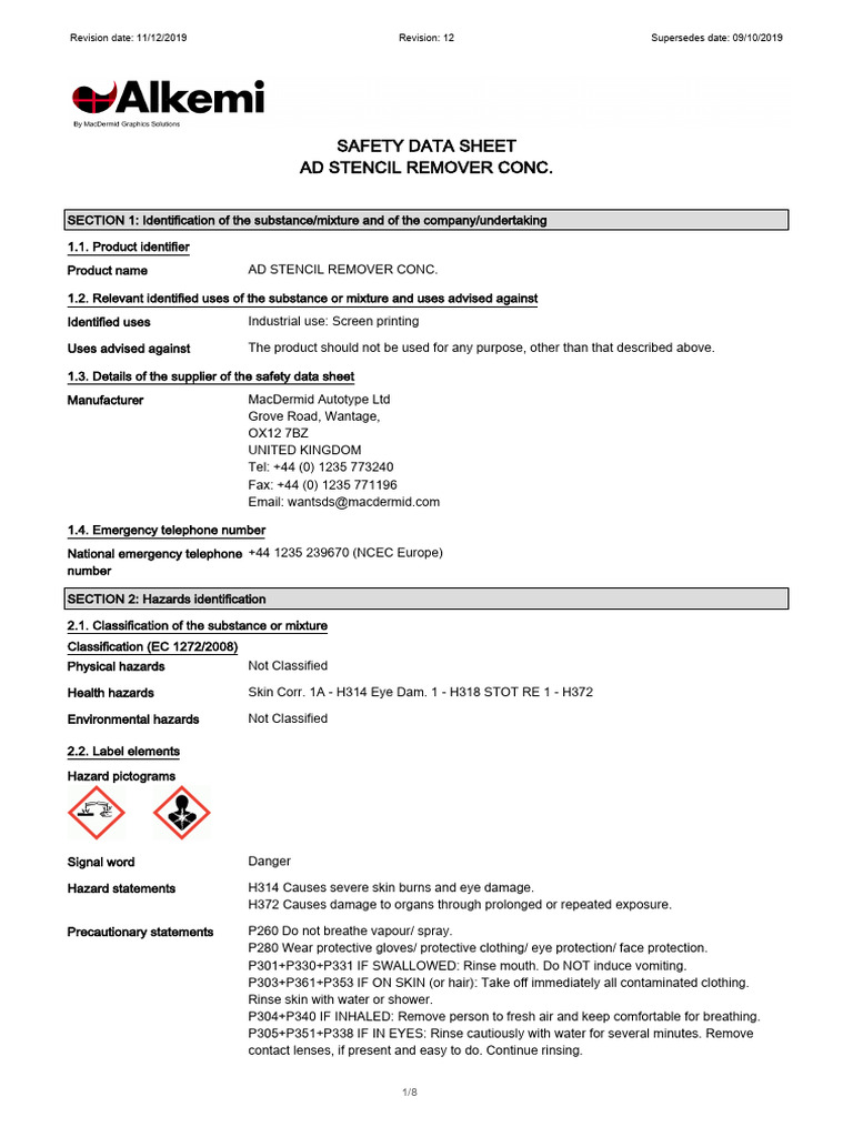 AD Stencil Remover SDS Summary | PDF | Workplace | Working Conditions