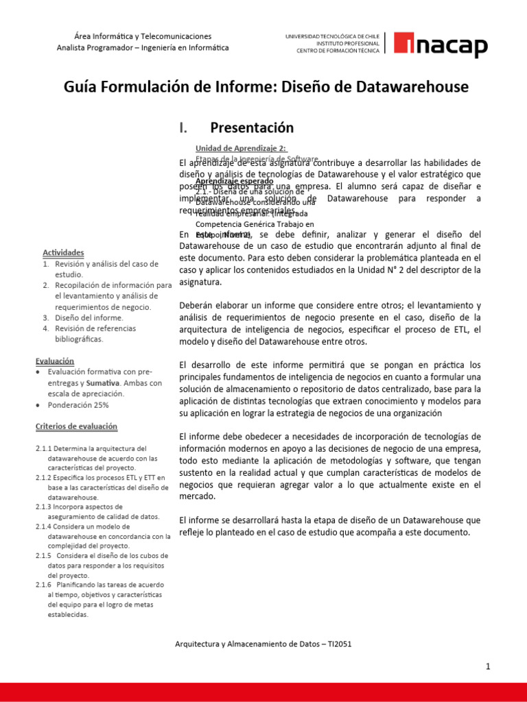 Guia Formulacion de Informe DW | PDF | Almacén de datos | Diseño