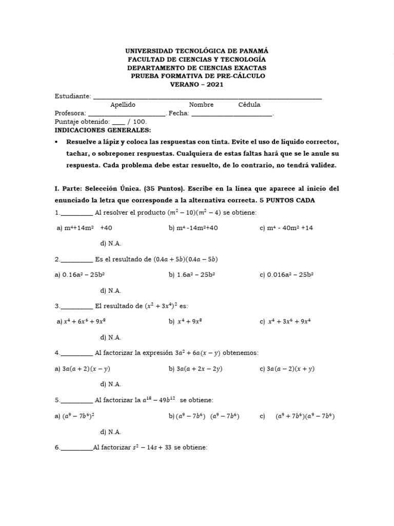 Prueba Formativa Pre Cálculo | PDF | Ecuaciones | Matemáticas Aplicadas