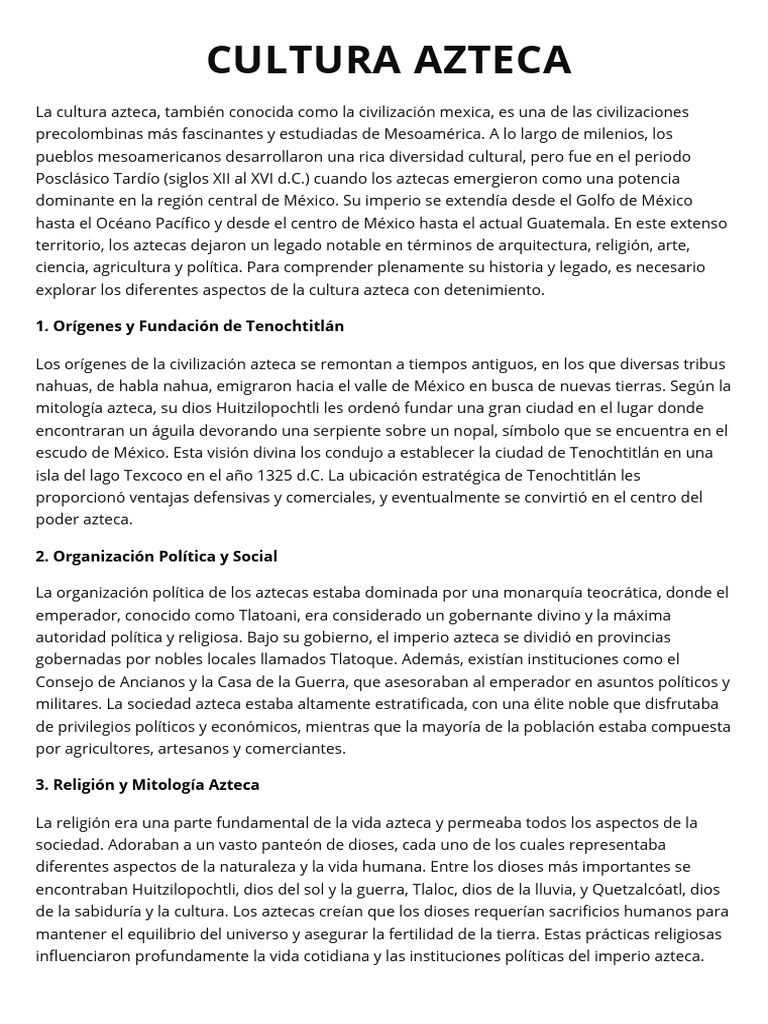 Cultura Azteca: 1. Orígenes y Fundación de Tenochtitlán | PDF | Mesoamérica | México