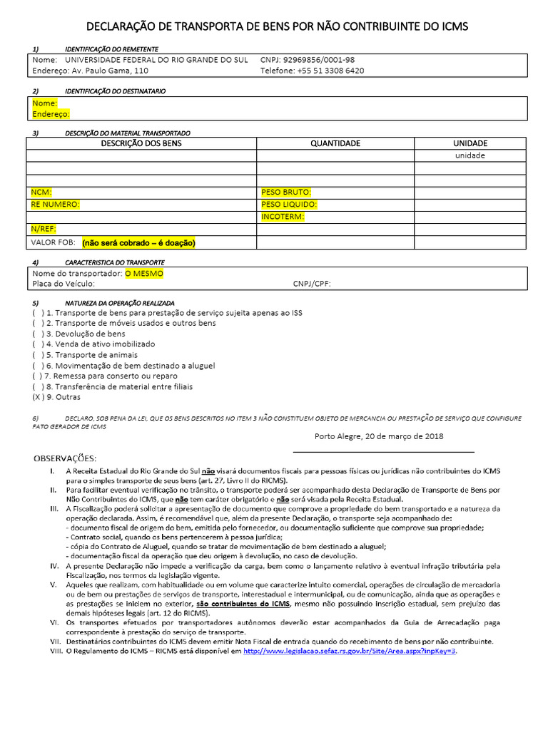 Declaração-TRANSPORTE-modelo-1 | PDF