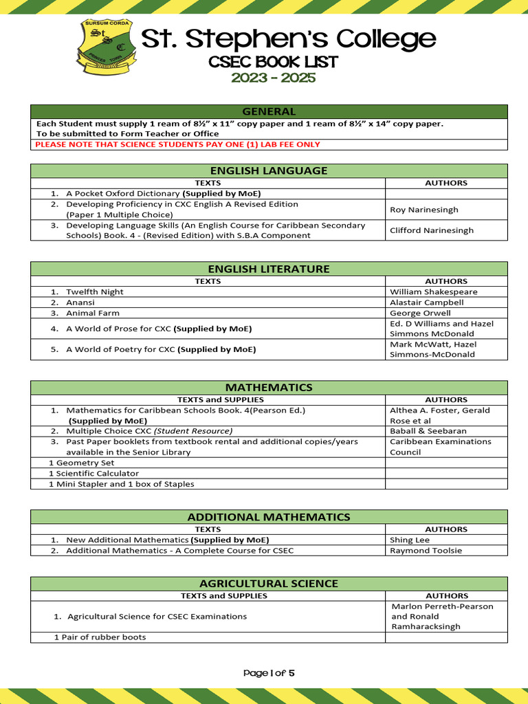 CSEC BOOK LIST St. Stephens College | PDF