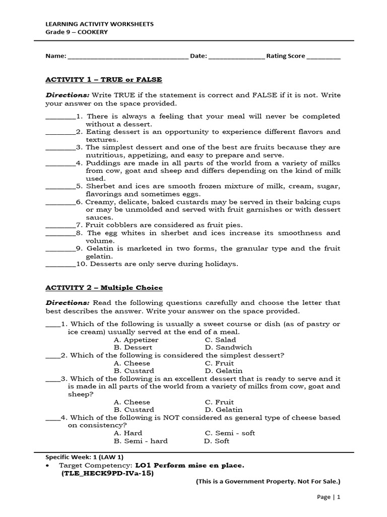 Tle-9 Cookery Law Week 1 | PDF | Desserts | Pudding