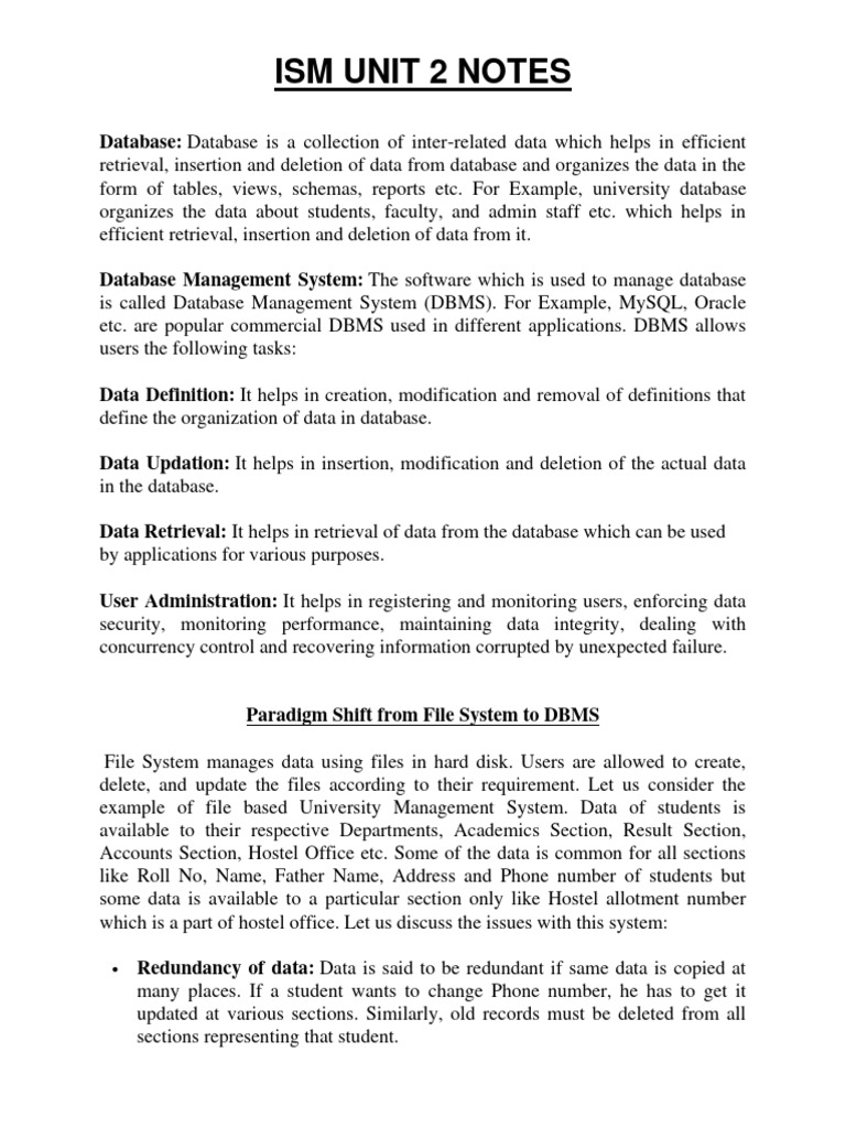 Ism Unit 2 Notes Pdf Databases Relational Model