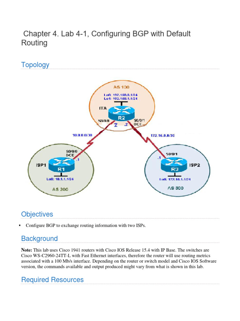 Chapter 4 - Lab 4-1 - Configuring BGP With Default Routing | Download Free PDF | Router ...