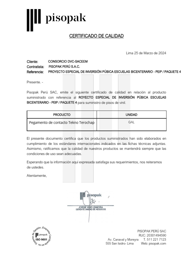 Certificado de Calidad Terochap Tekno | PDF